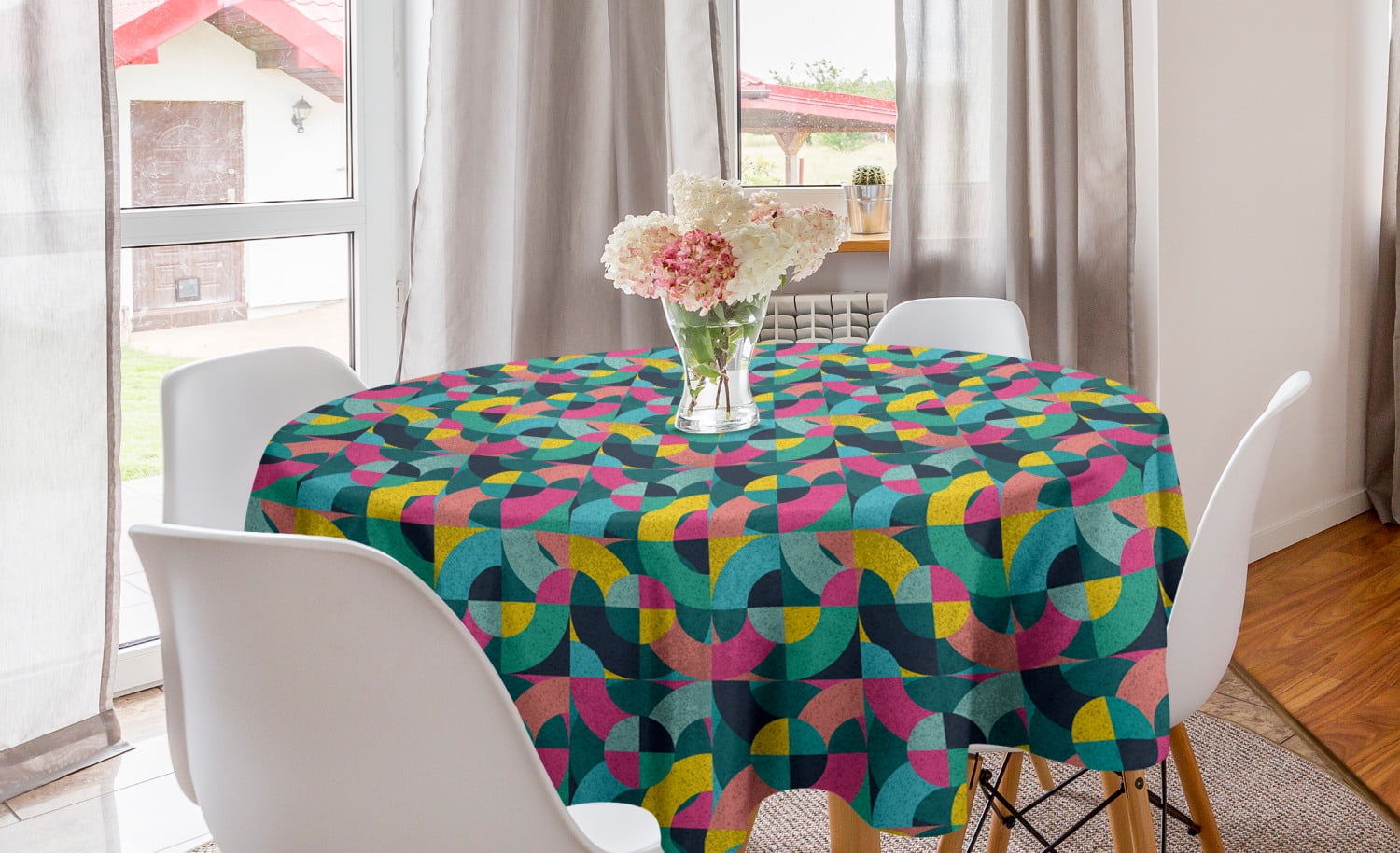 Geometric Round Tablecloth, Patchwork Inspired Half Arc Shaped Colorful ...