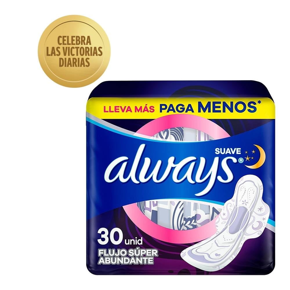 Toallas femeninas Always Suave Suave Nocturna 3X protección 30 pzas ...