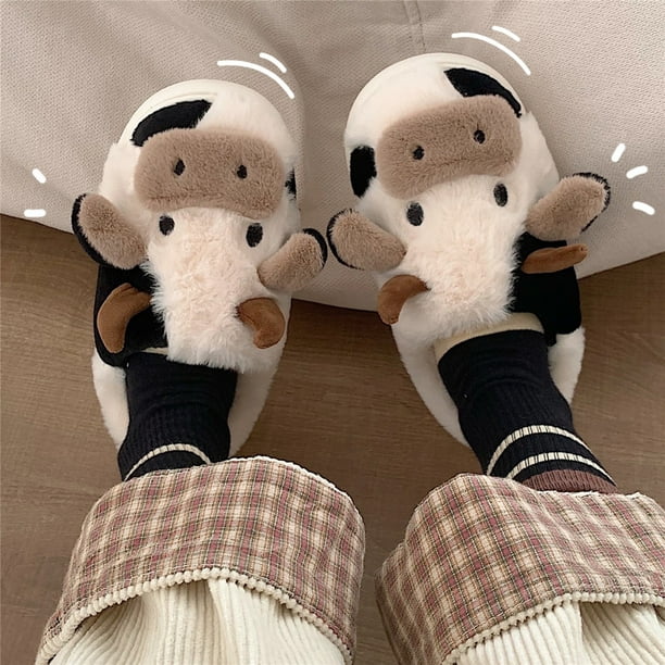 Cute Animal Slipper For Women Girls Kawaii Fluffy Winter Warm Slippers Woman Cartoon Milk Cow ...