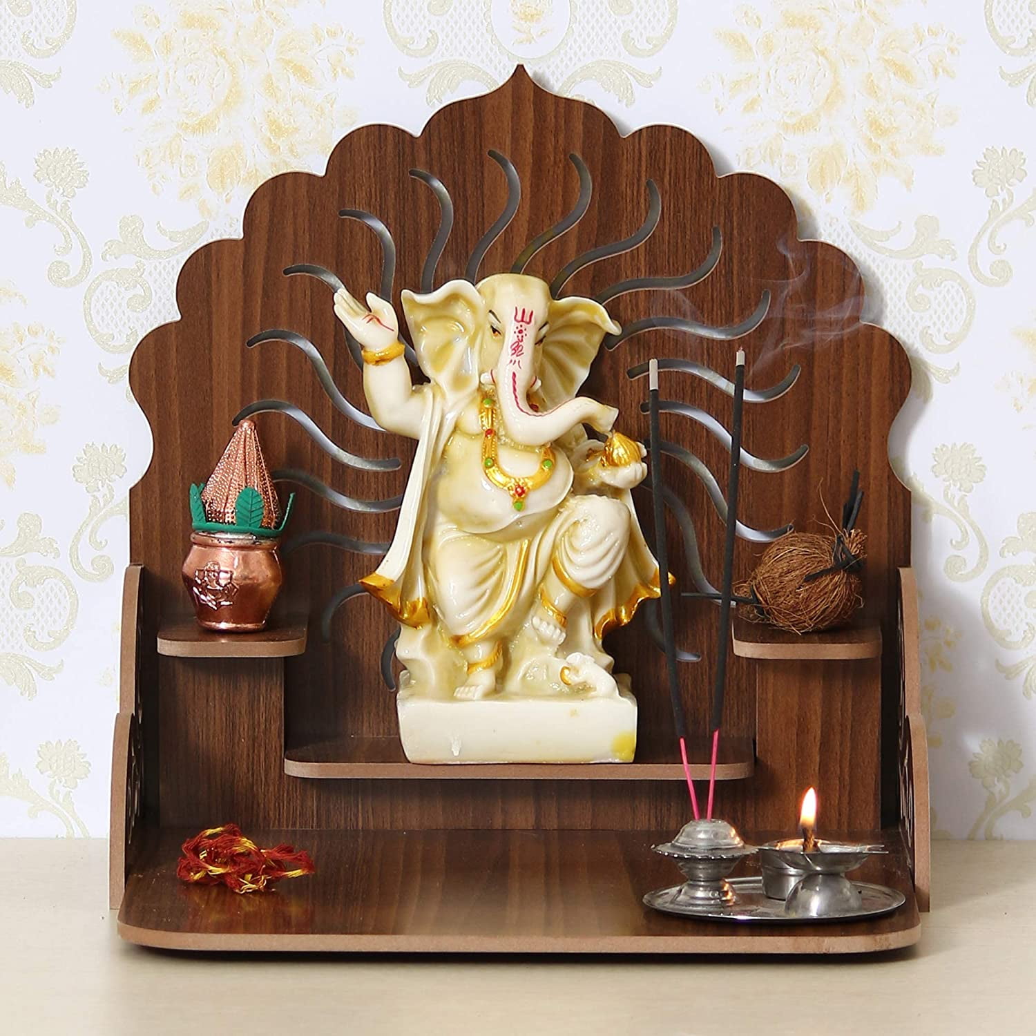 CAPIO ART Religious Wooden Wall Mounted Hanging Puja Temple Wood God Stand for Pooja Room Puja ...