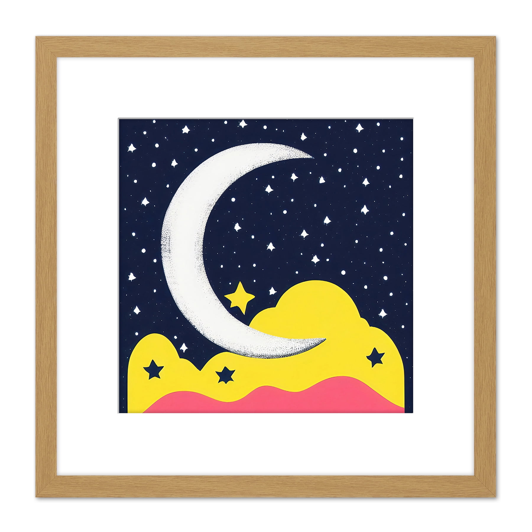 Boho Crescent Moon Cloudy Sky Night Stars Pink Yellow Painting Square ...