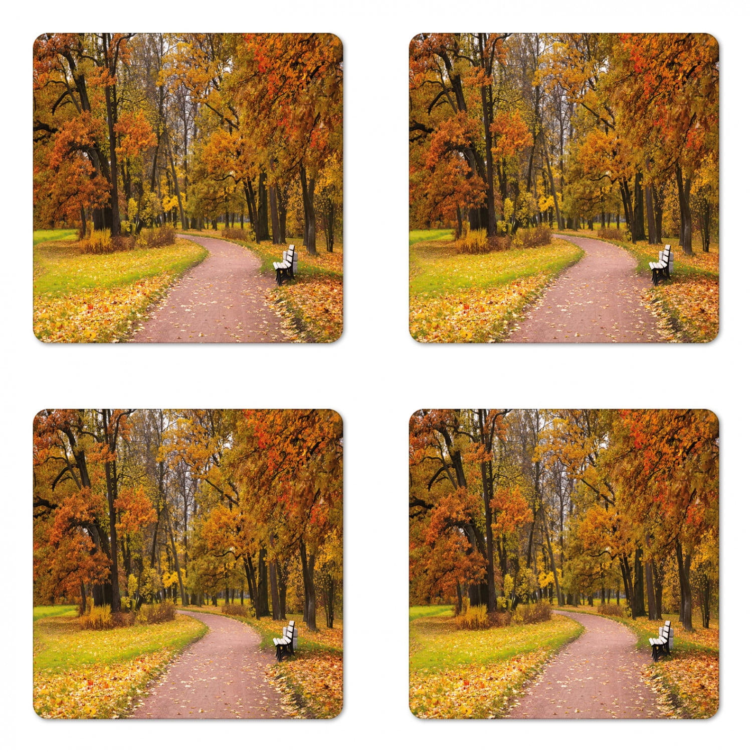 Fall Coaster Set of 4, Idyllic Rural Landscape Tranquility in the Park ...