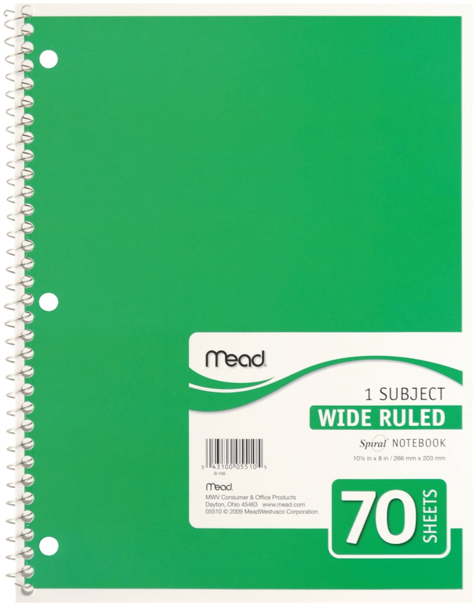 Mead 1 Subject Wide Ruled Spiral Bound Notebook 10 5x8 70 Sheets 5510
