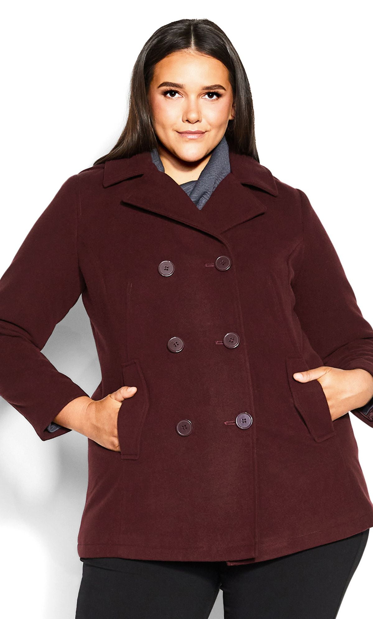 Avenue Women's Plus Size Faux Wool Double Breasted Long Sleeves Peacoat ...