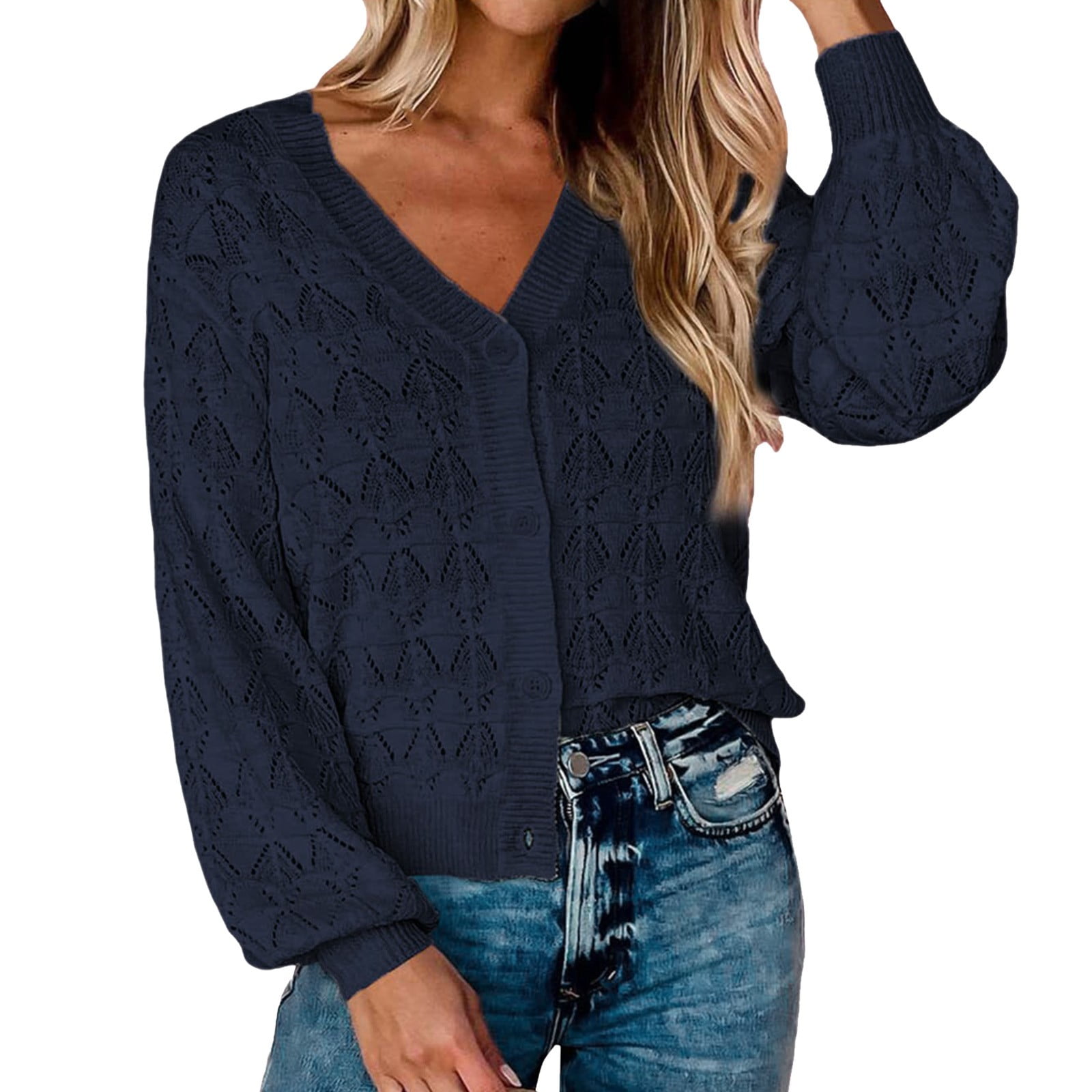 Women's Crochet Knit Cardigan V Neck Long Sleeve Button Front Short ...