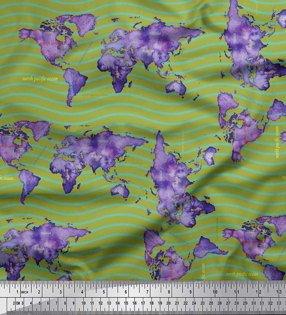 Soimoi Green Cotton Duck Fabric Waves & World Map Printed Craft Fabric ...