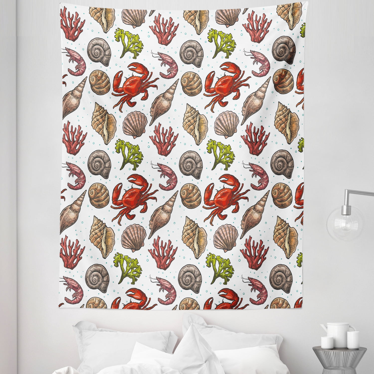 Sea Shells Tapestry, Maritime Pattern Shrimp Crab and Coral Design ...