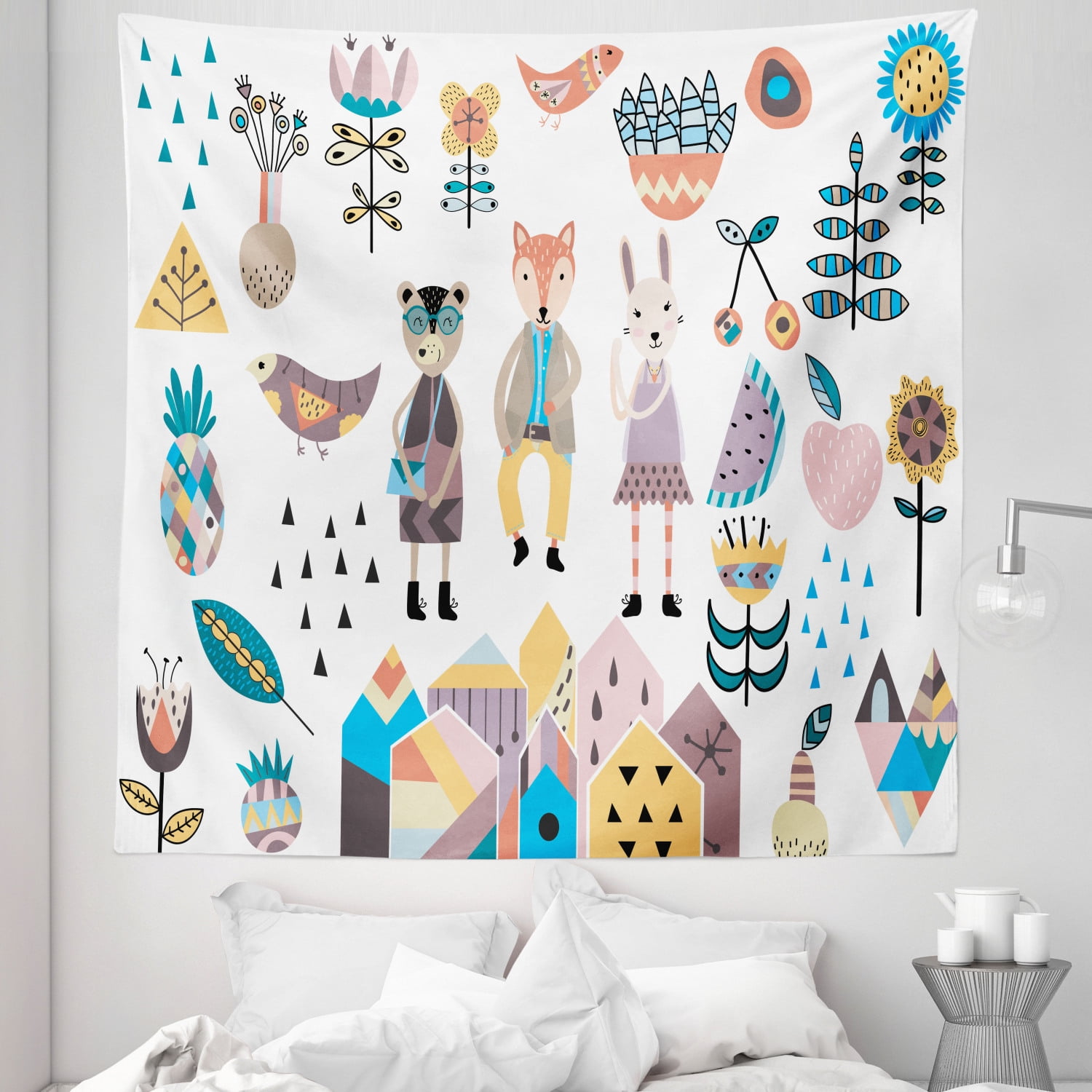 Cartoon Tapestry, Hand Drawn Fox Bunny and Bear with Human Clothing ...