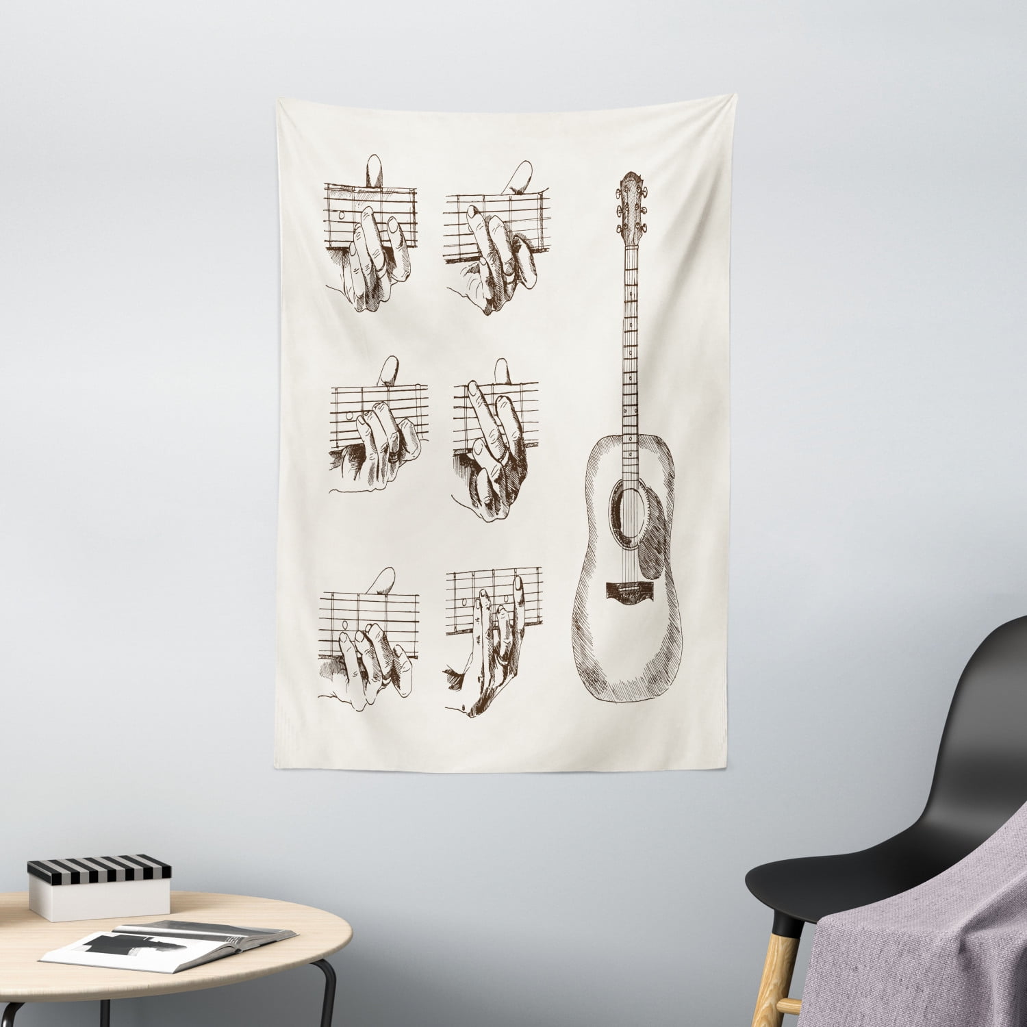 Guitar Tapestry, Sketch Art Style Instrument and Chords Acoustic ...