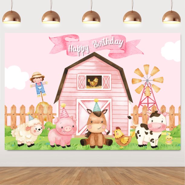 Farm Animals Birthday Backdrop Decorations, Pink Happy Birthday ...