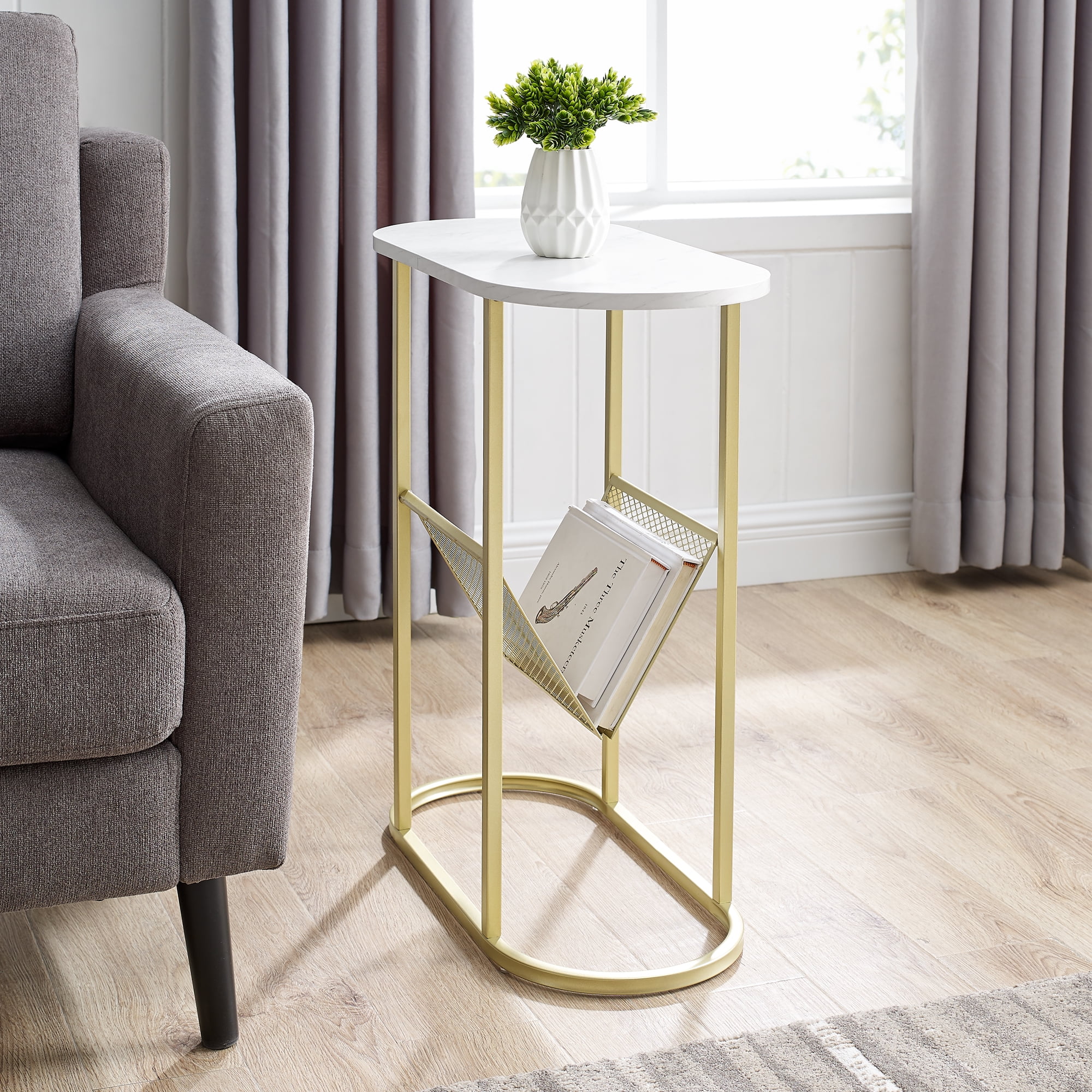Manor Park Modern Magazine Rack Oval End Table, Faux White Marble/Gold ...