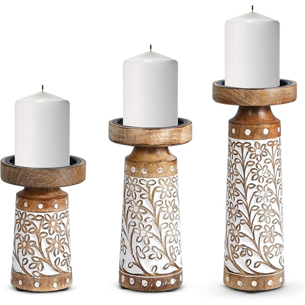 Luxe Designs | White Hand Carved Mango Wood Pillar Candle Holders - Set ...