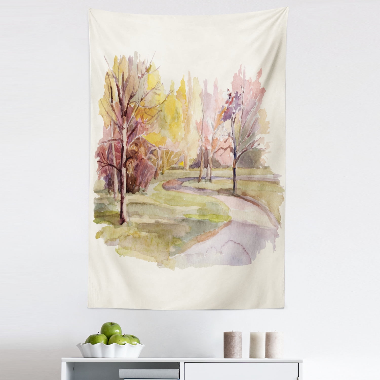 Fall Tapestry, Watercolor Style Autumn Landscape with a Road Among the ...