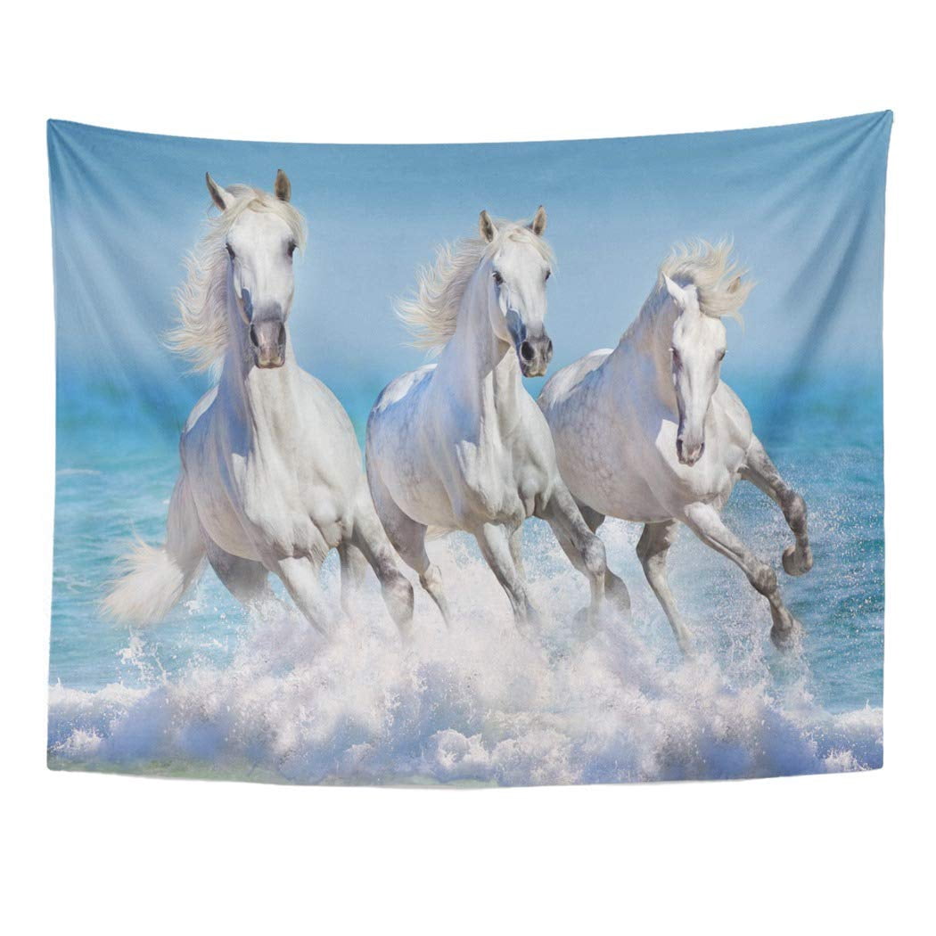 ZEALGNED Blue Three White Horse Run Gallop in Waves The Ocean Beach ...