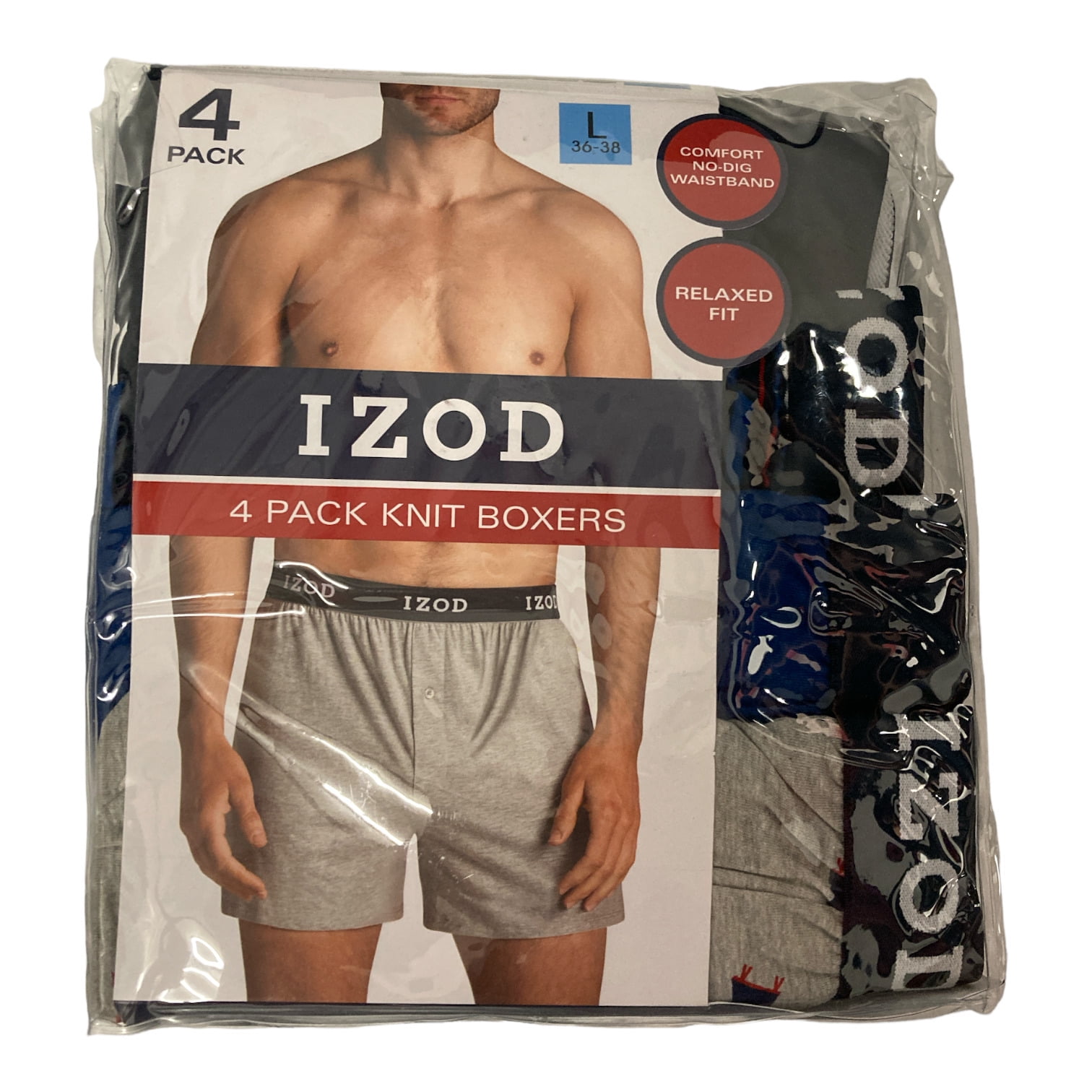 IZOD Men's 4 Pack Tag Free Comfort Knit Boxers (Navy/Stripe/Grey/Royal ...