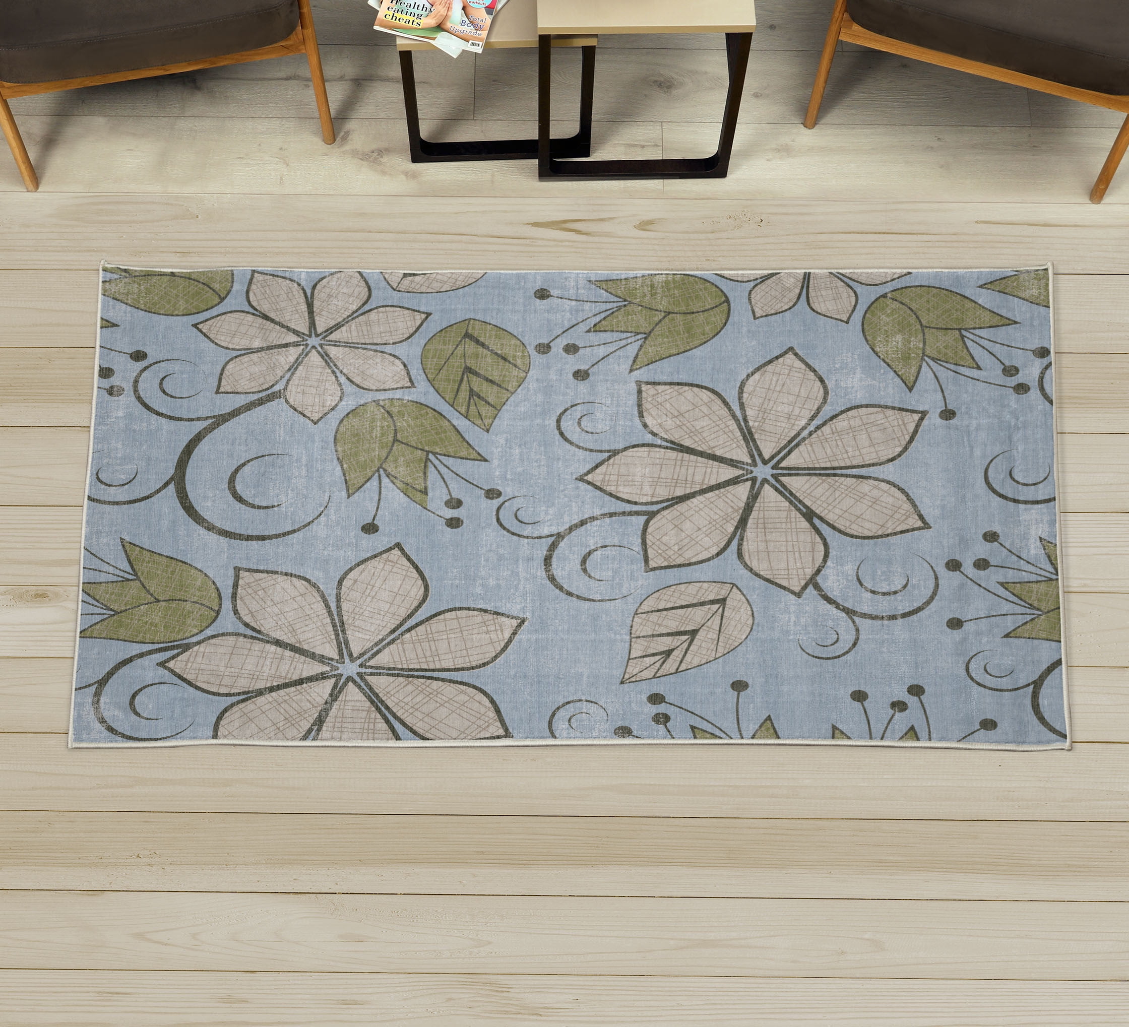 Floral Decorative Rug, Delicate Flowers with Swirling Ivy Branches ...