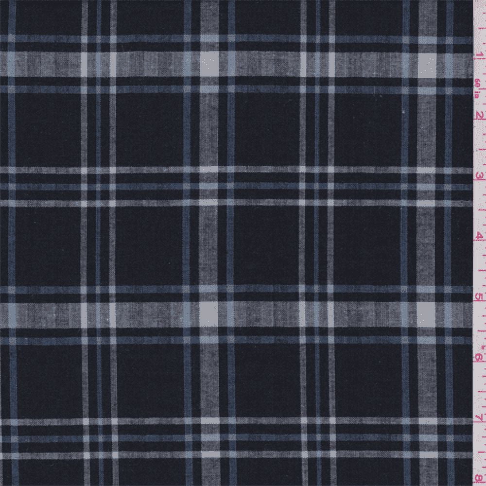 Navy Blue Windowpane Plaid Cotton Shirting, Fabric Sold By the Yard ...