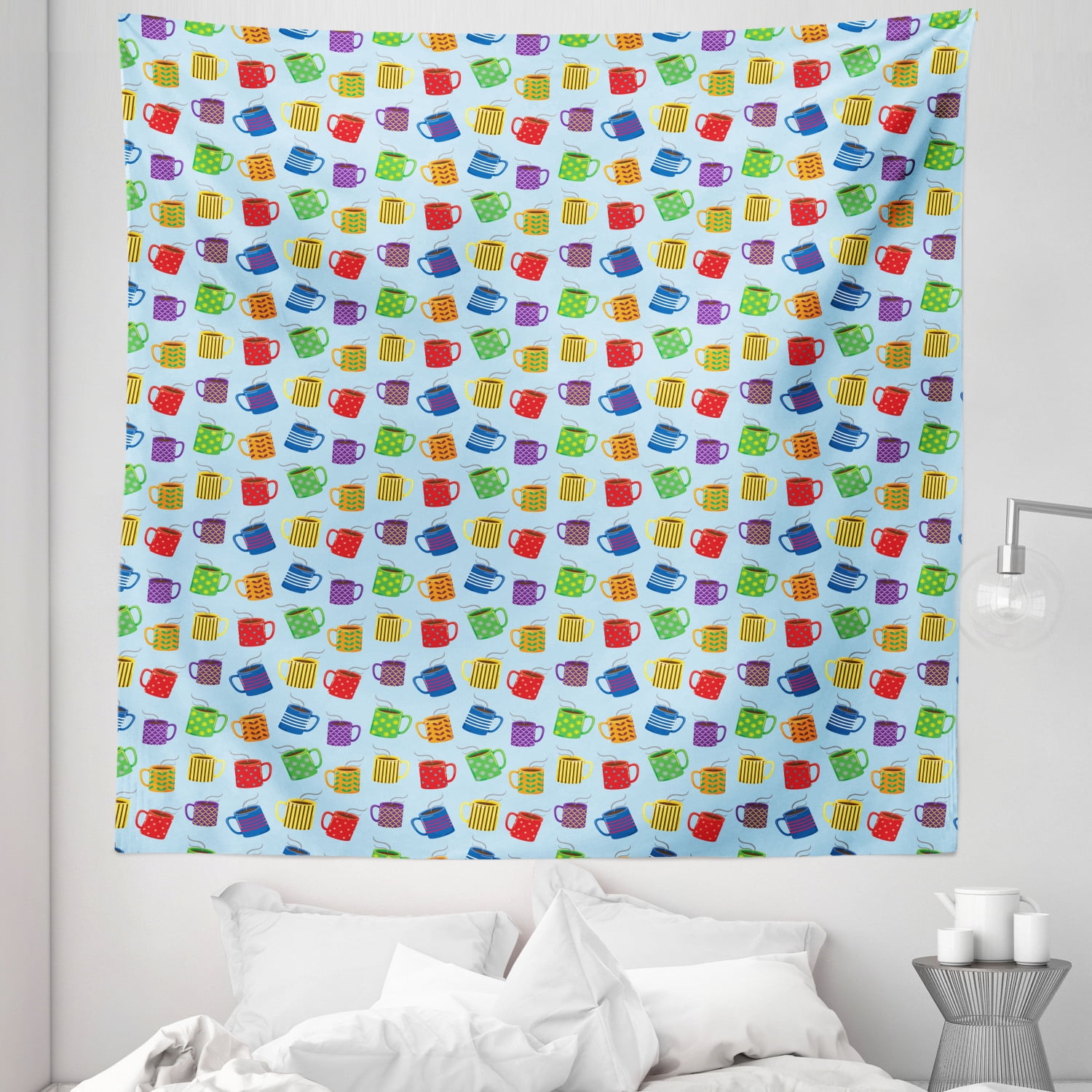 Coffee Tapestry, Colorful Mugs with Different Patterns Filled with Hot ...