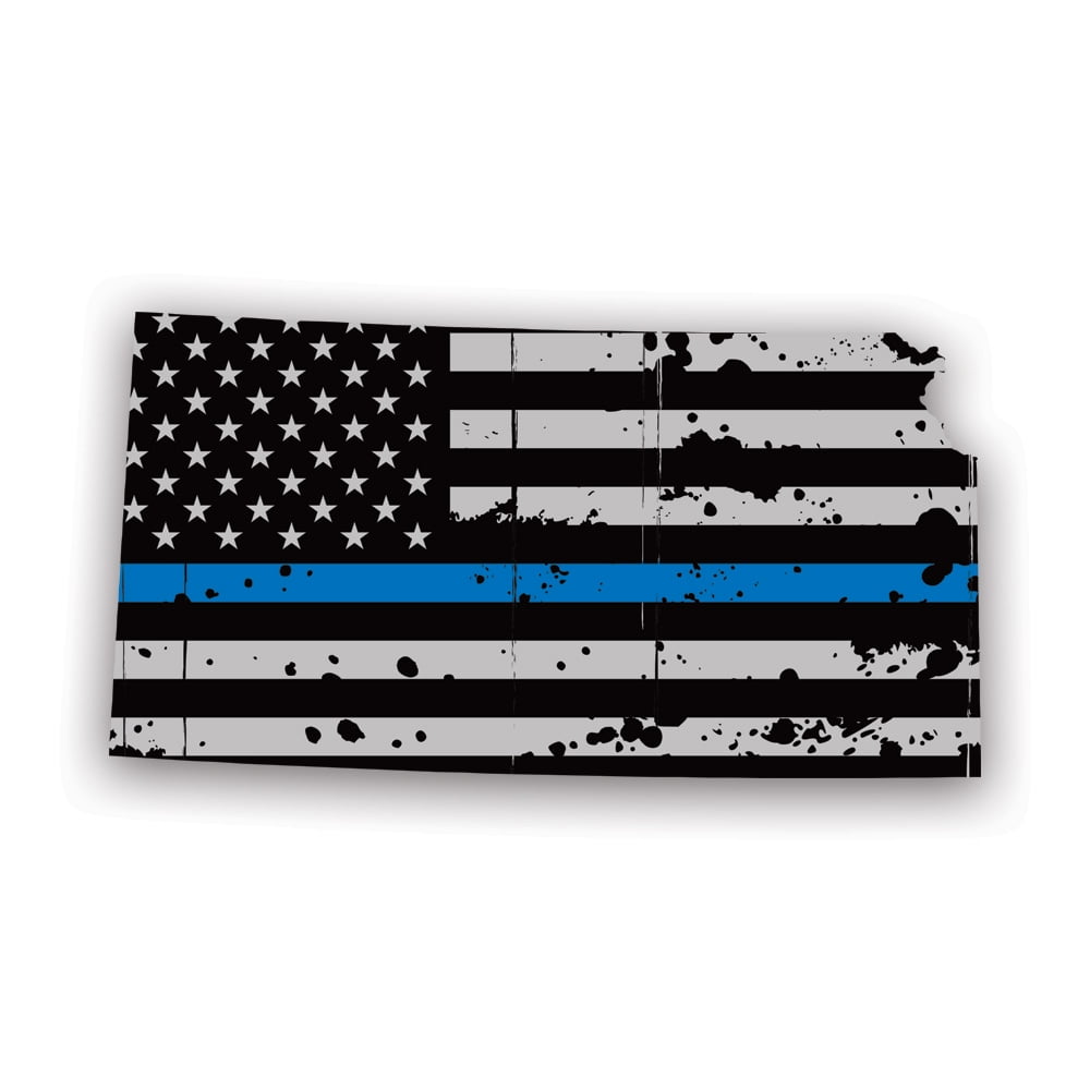 Distressed Kansas State Shaped Subdued US Flag Thin Blue Line Sticker ...