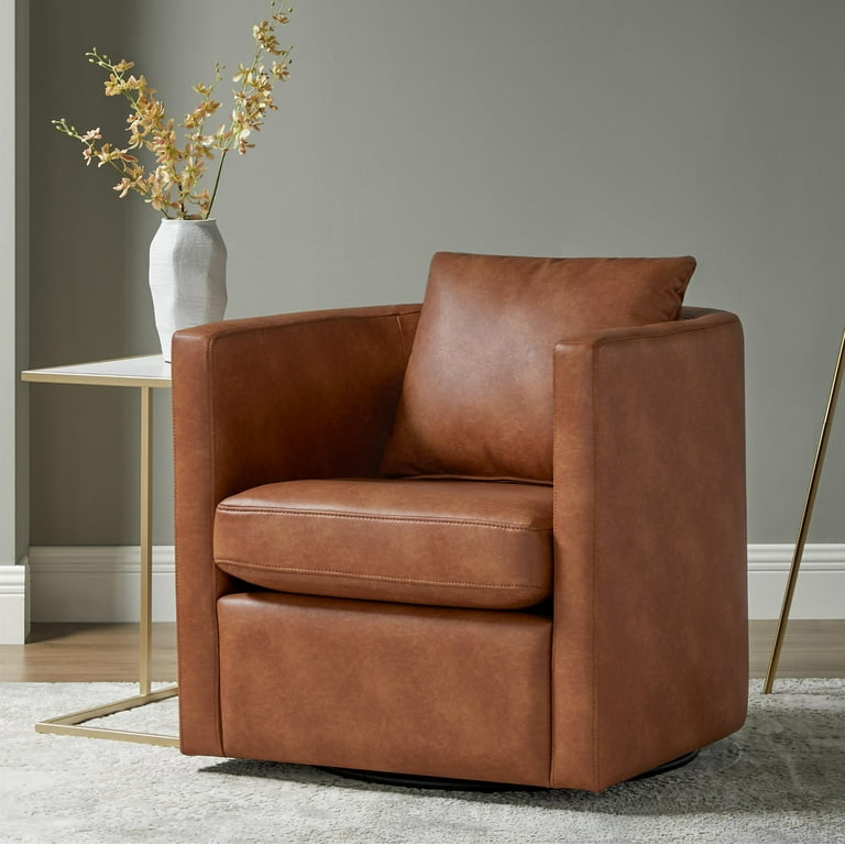 Comfort Pointe Sheldon Saddle Brown Faux Leather Swivel Barrel Chair