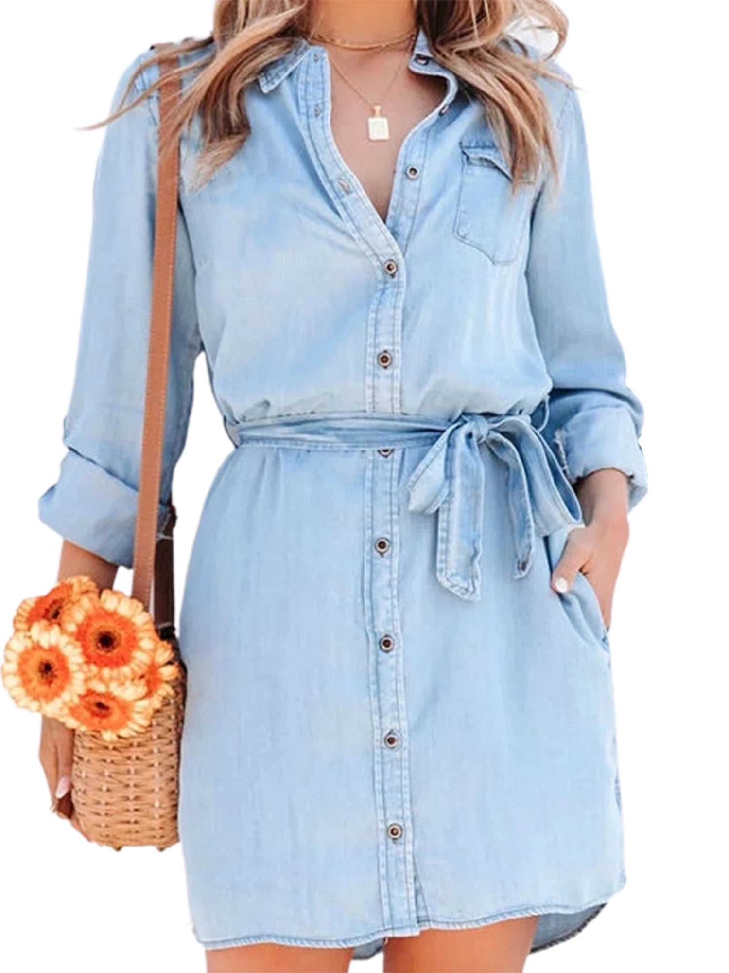 Canis Women's Denim Shirt Dress Casual Loose Midi Dress Long Sleeve ...