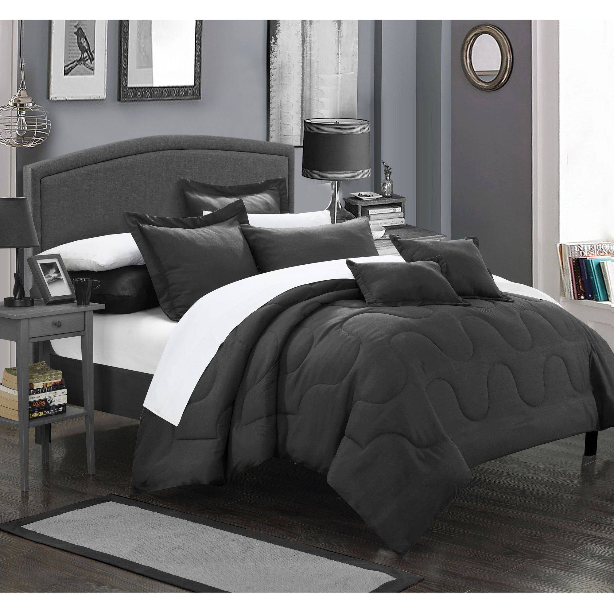 Chic Home Direllei 11-Piece Solid Color Comforter Set, Queen, Black ...