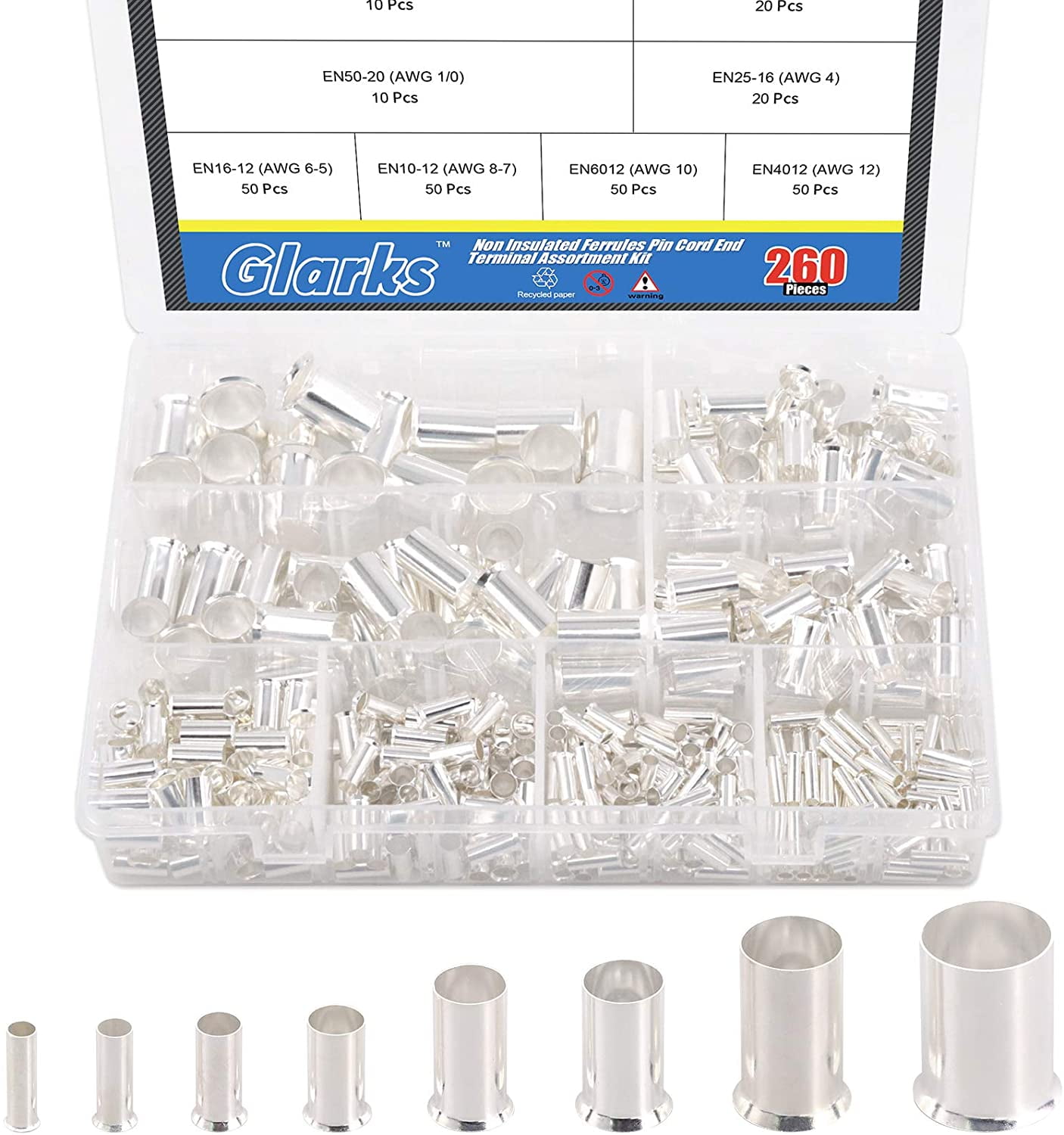 260Pcs 8 Sizes AWG 12 10 8 6 4 2 1 2/0 Wire Ferrules Kit Silver Plated ...