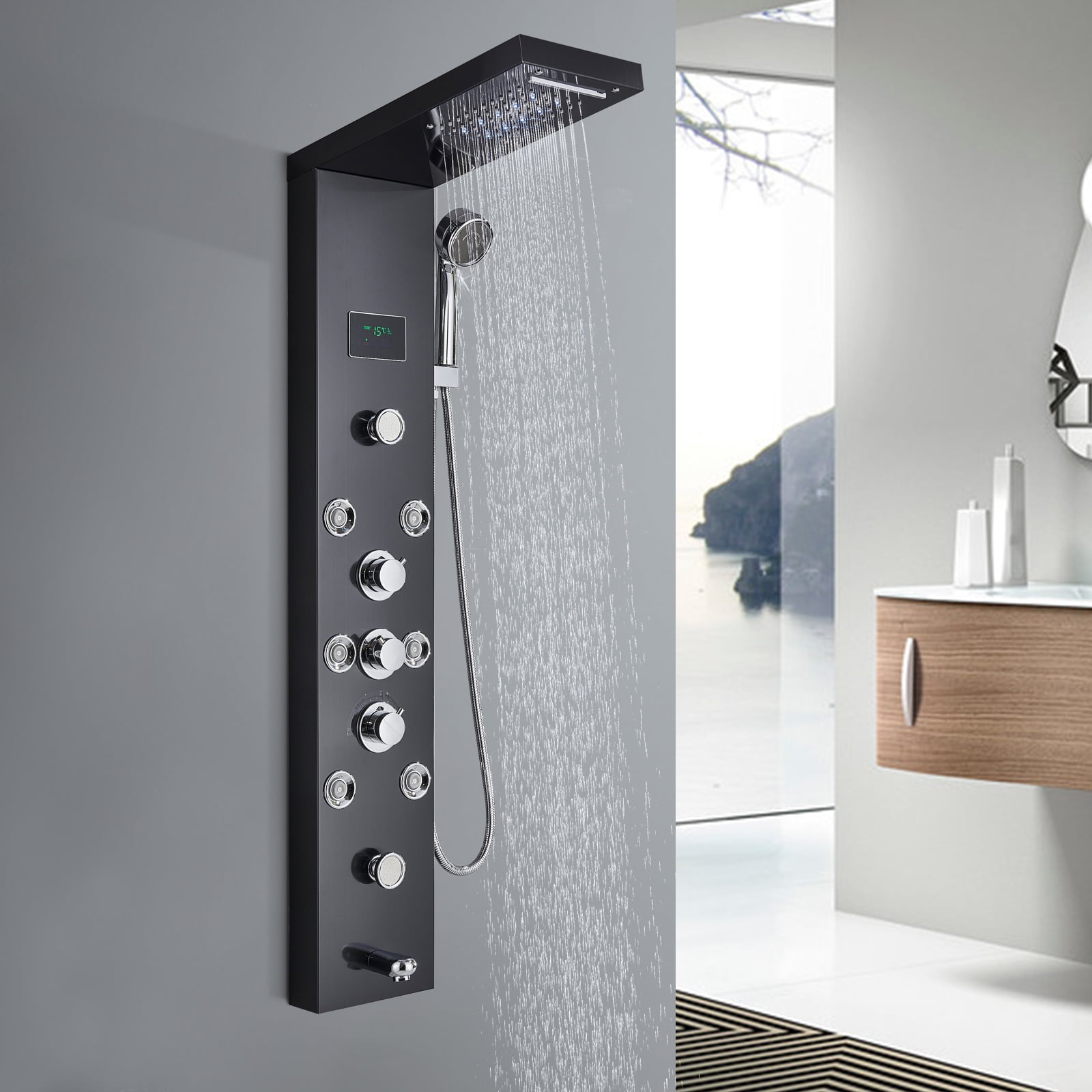 Shower Panel Tower System Stainless Steel Black LED Multi-function ...