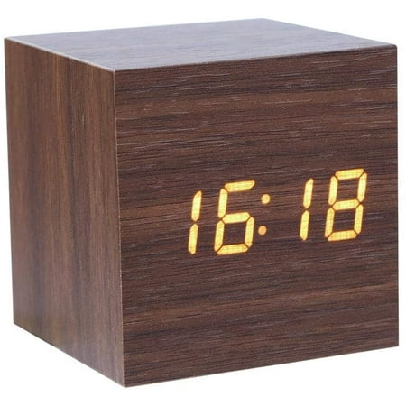 Wooden Digital Alarm Clock, Cube Little Clock with LED Time Calendar ...