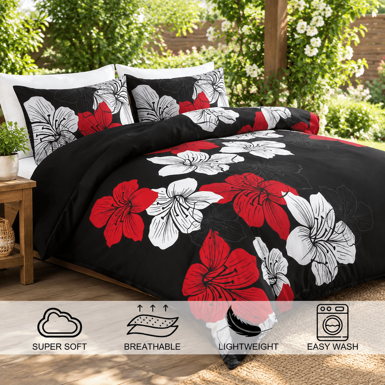 Red King Size 3 Piece Floral Boho Microfiber Comforter Bedding Set ...