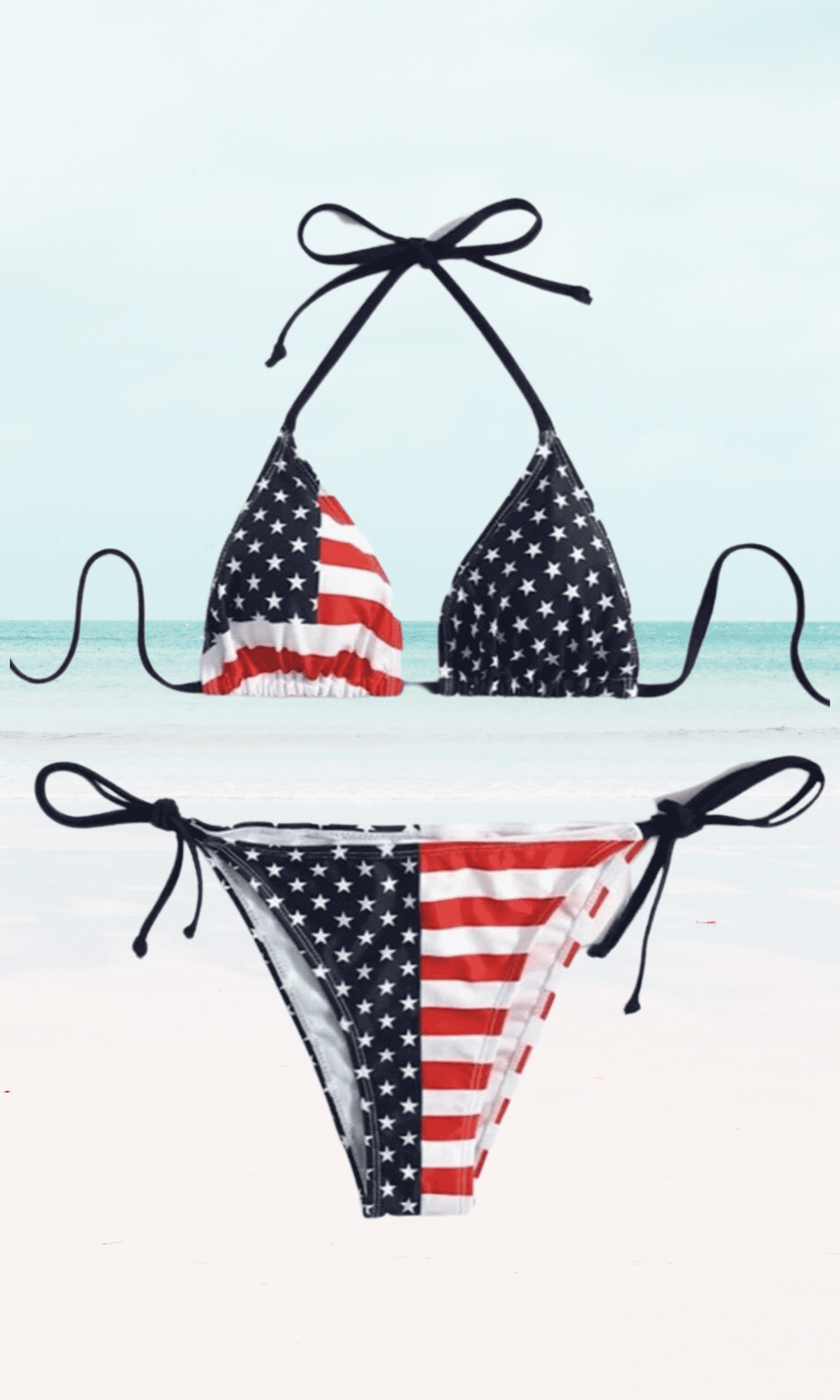 Meloriaswim Sexy American Flag Printing Padded Halter Neck Self Tie