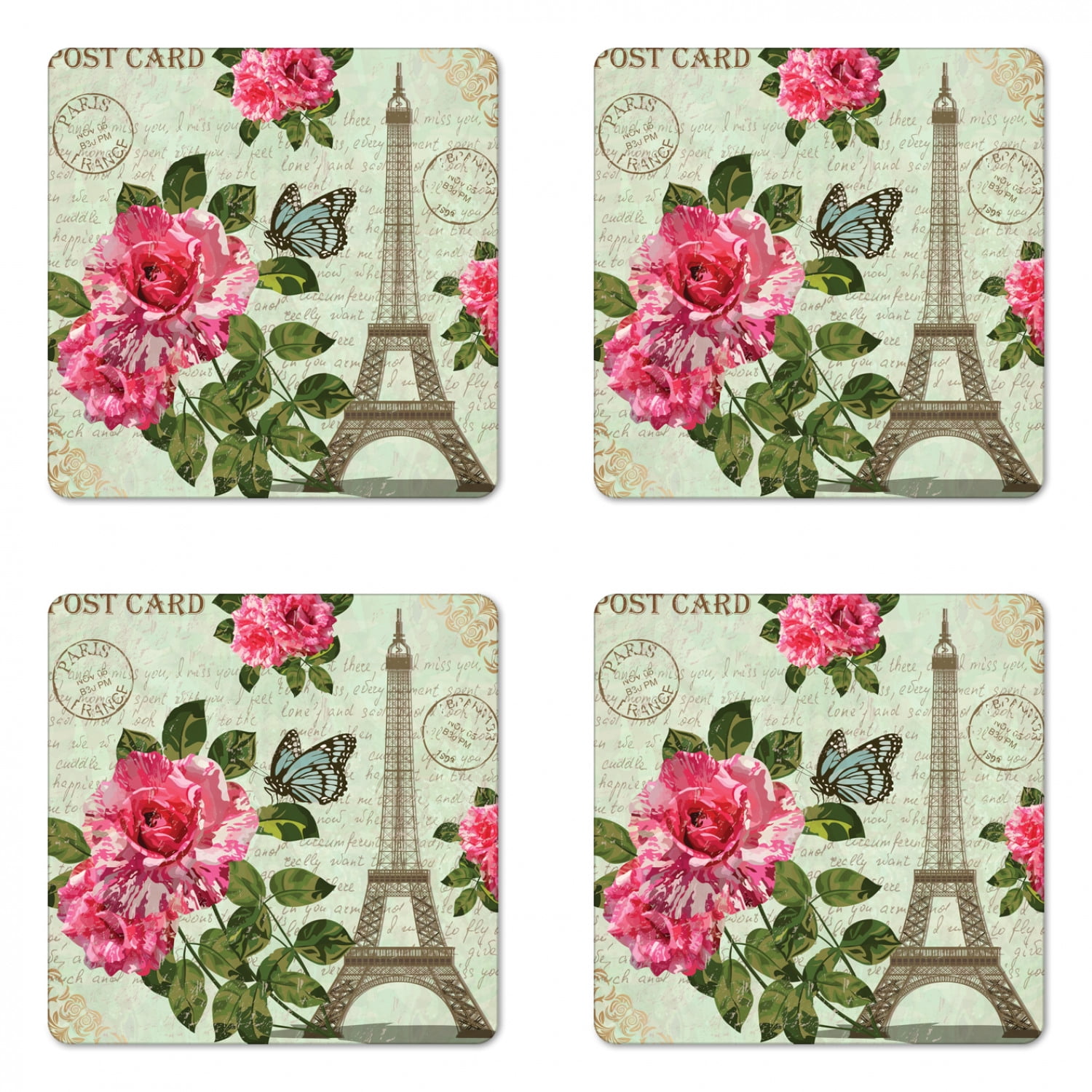 Paris Coaster Set of 4, Shabby Form Romantic Roses Flowers Leaves with ...
