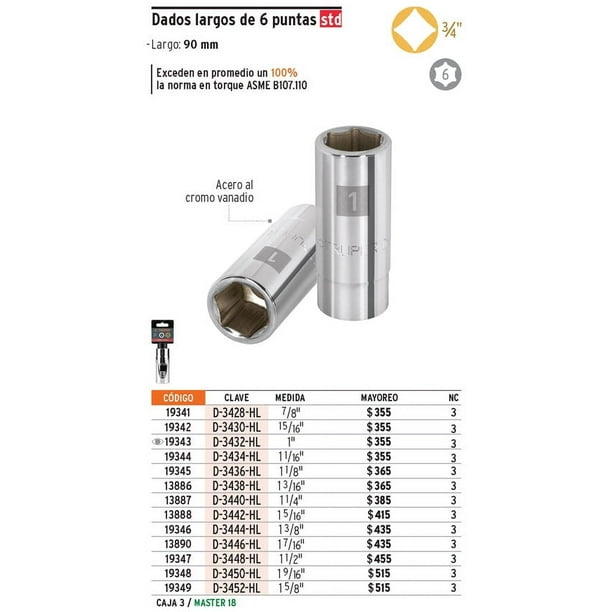Dado largo de 7/8', 6 puntas, cuadro 3/4', Truper Truper D-3428-HL | Walmart en línea