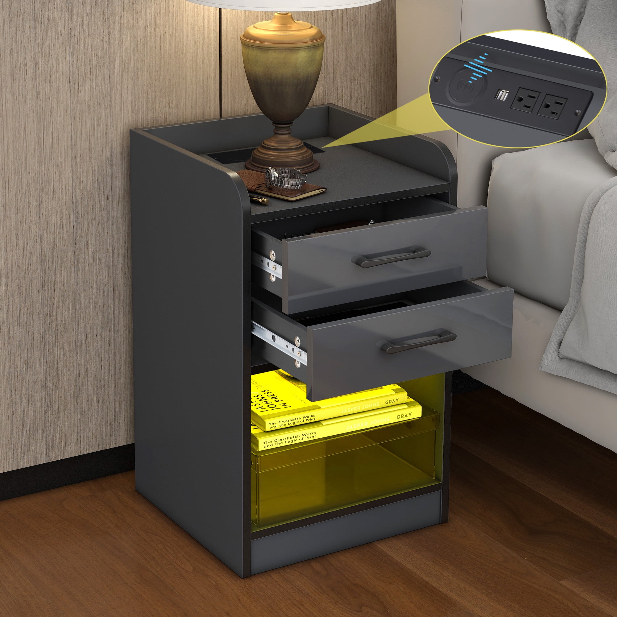 LED Night Stand with Wireless Charging Station, HSUNNS Modern Gray Wood ...