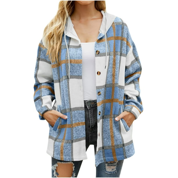 jsaierl Women’s Casual Plaid Hooded Shacket Flannel Drawstring Jacket ...