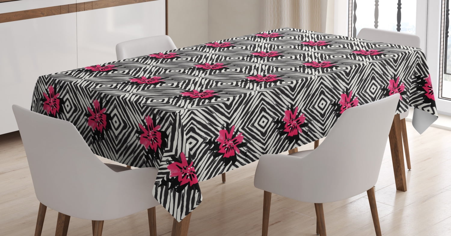 Geometric Tablecloth, Bullseye Rhombuses with Hand Drawn Flowers ...