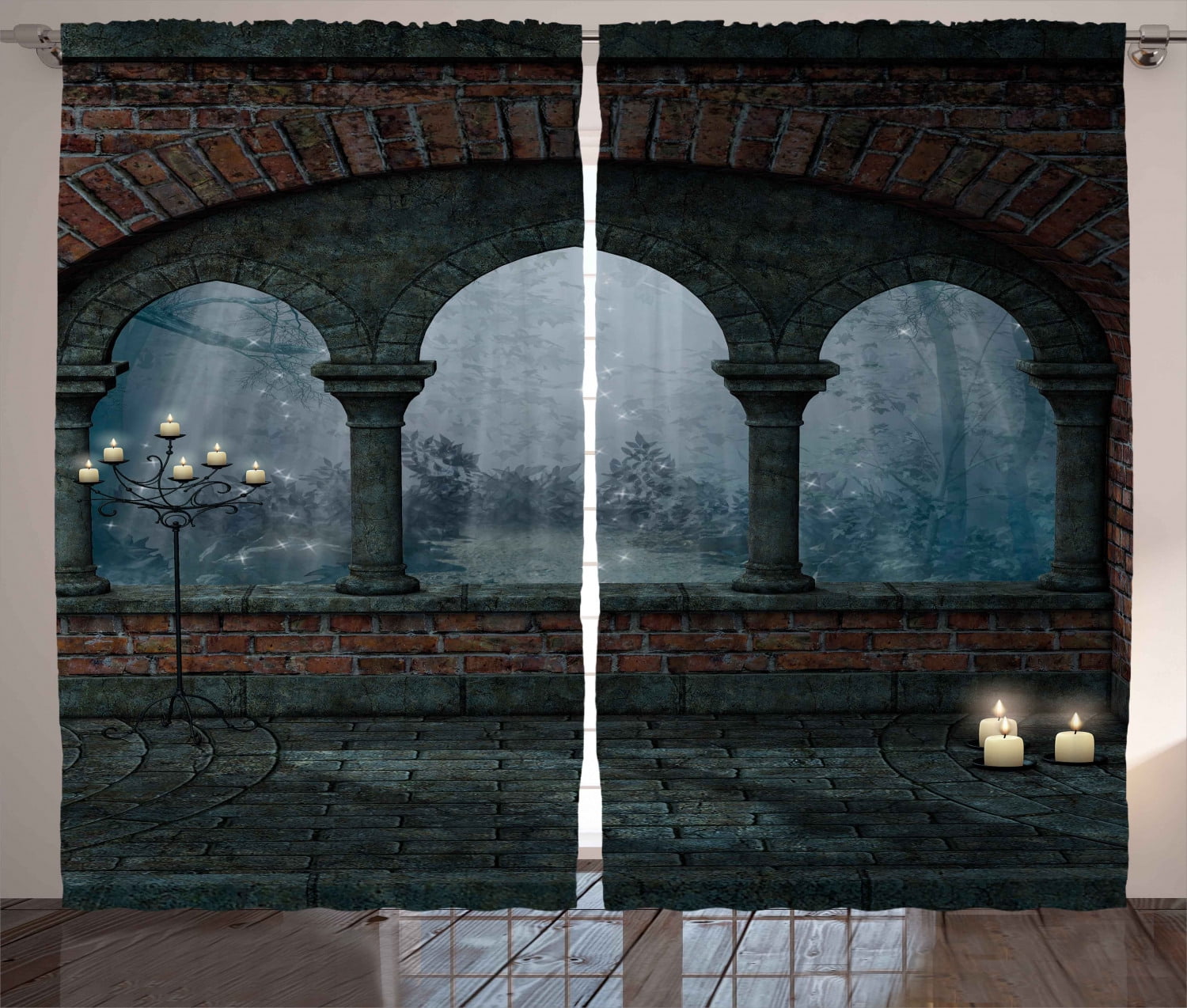 Gothic Curtains 2 Panels Set, Medieval Castle at Night with Old Arch ...