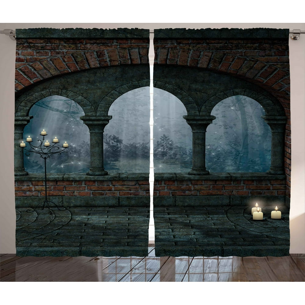 Gothic Curtains 2 Panels Set, Medieval Castle at Night with Old Arch ...
