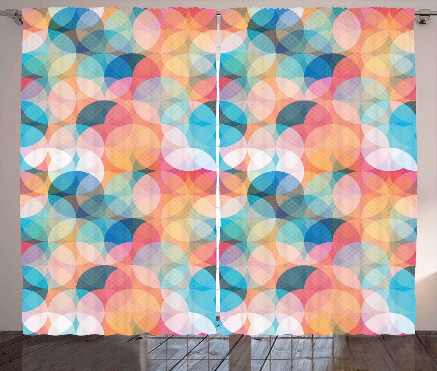 Geometric Curtains 2 Panels Set, Soft Toned Hazy Overlap Circles Mosaic ...