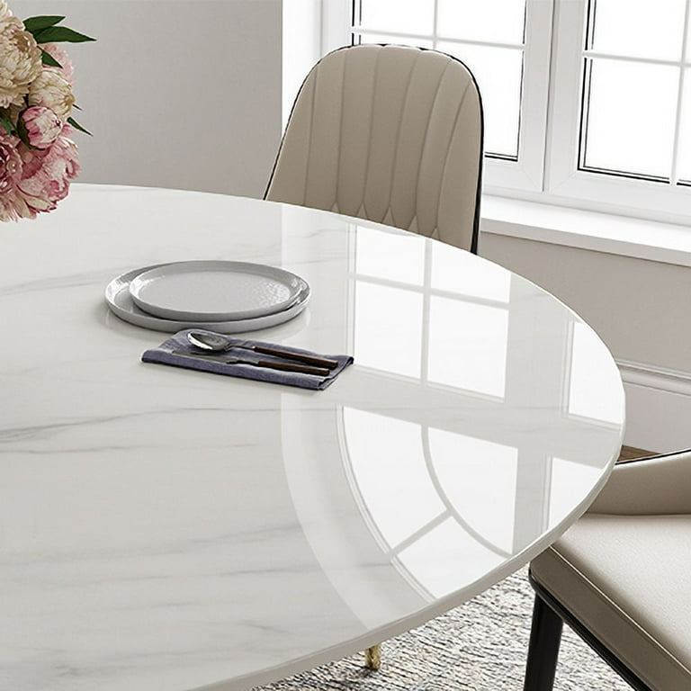 POVISON 59 Modern Round White Dining Table for 6 Glossy Sintered Stone Tabletop Solid Black Carbon Steel Base