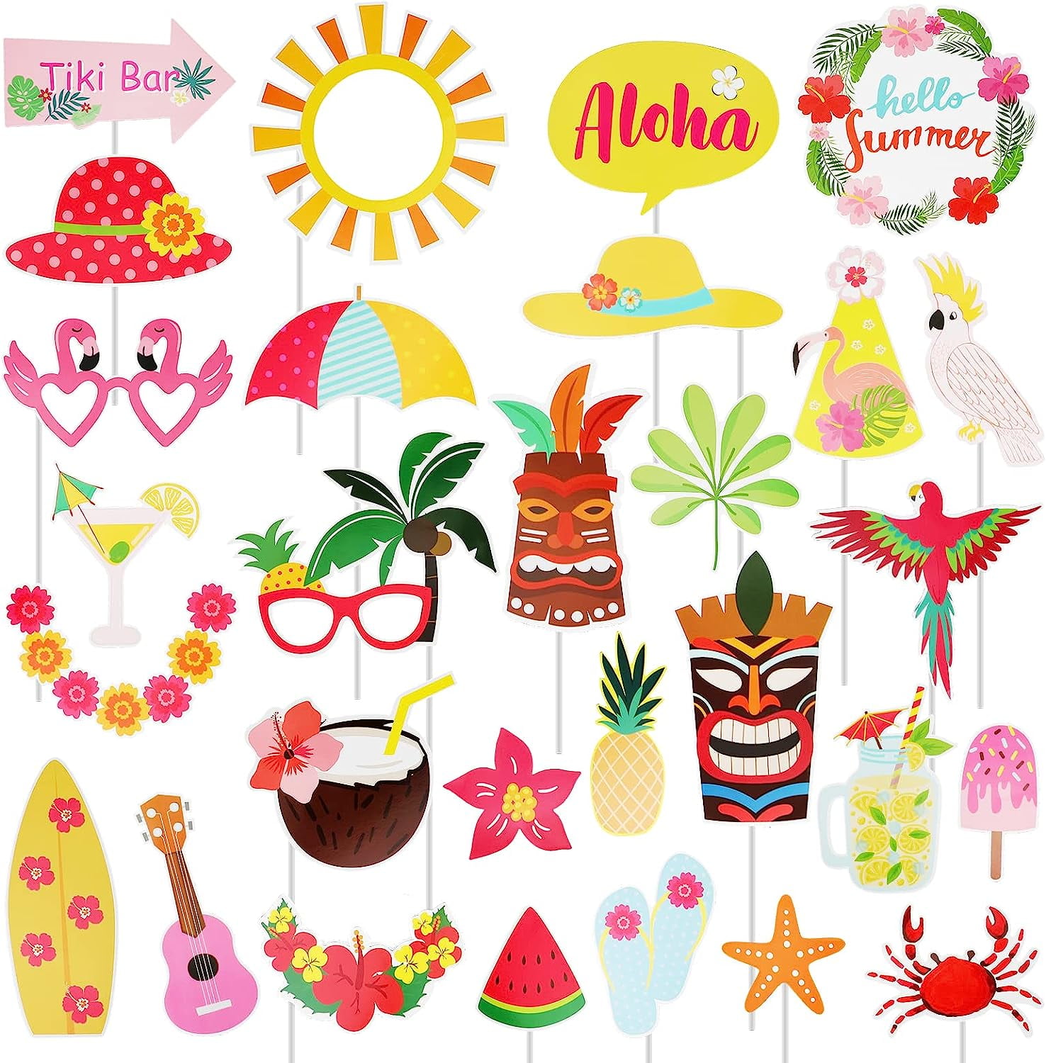 Tiki Luau - Hawaiian Party Photo Booth Props Kit - 30 Pieces Hawaiian ...