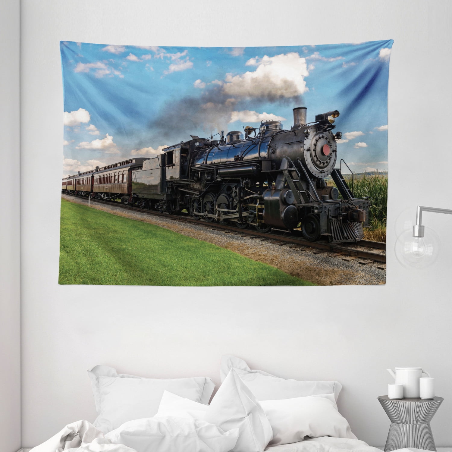 Steam Engine Tapestry, Vintage Locomotive in Countryside Scenery Green ...