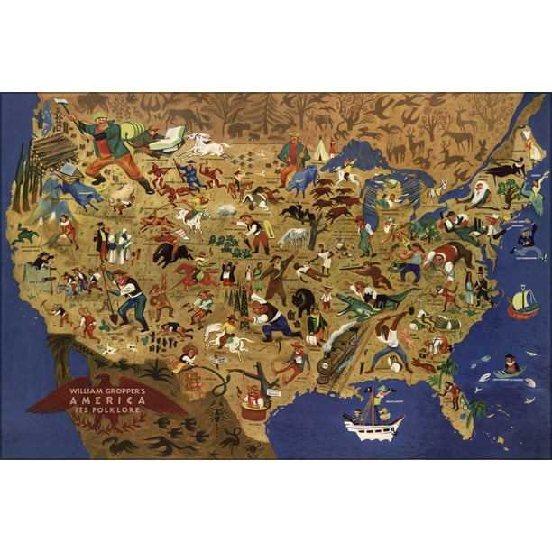 24"x36" Gallery Poster, map of united states of america folklore 1946 ...