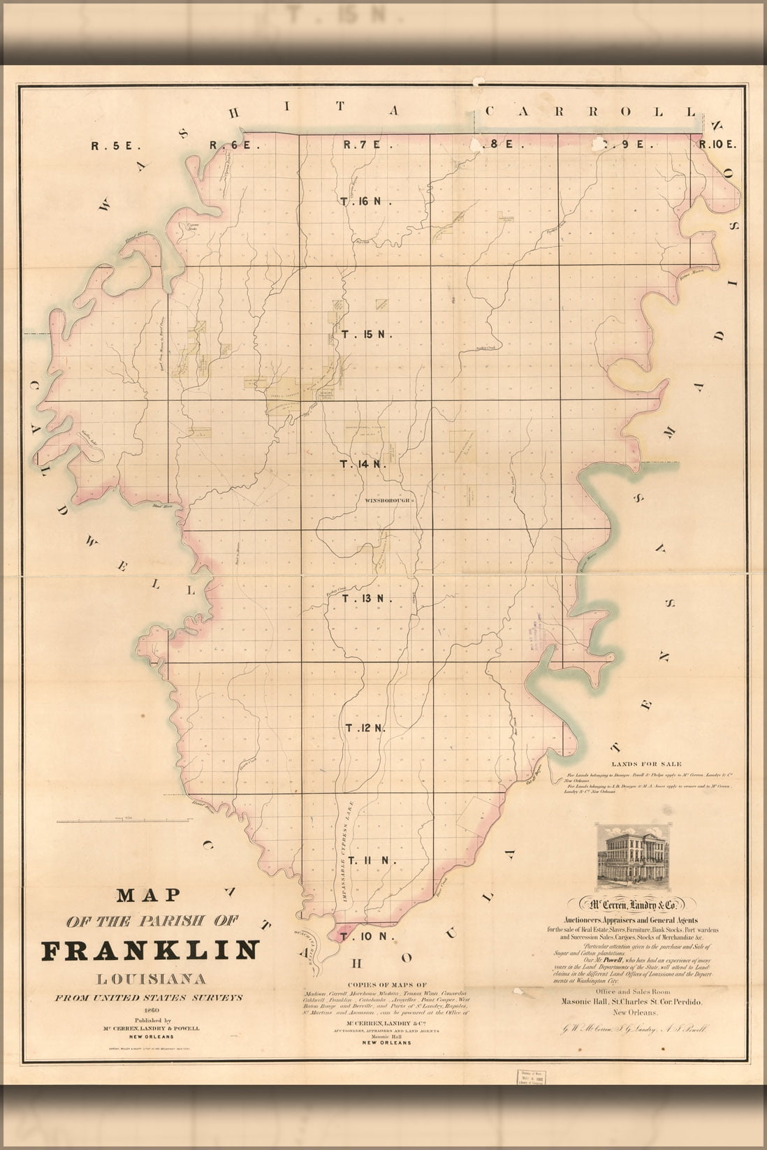 24"x36" Gallery Poster, Map of the Parish of Franklin, Louisiana 1860 ...