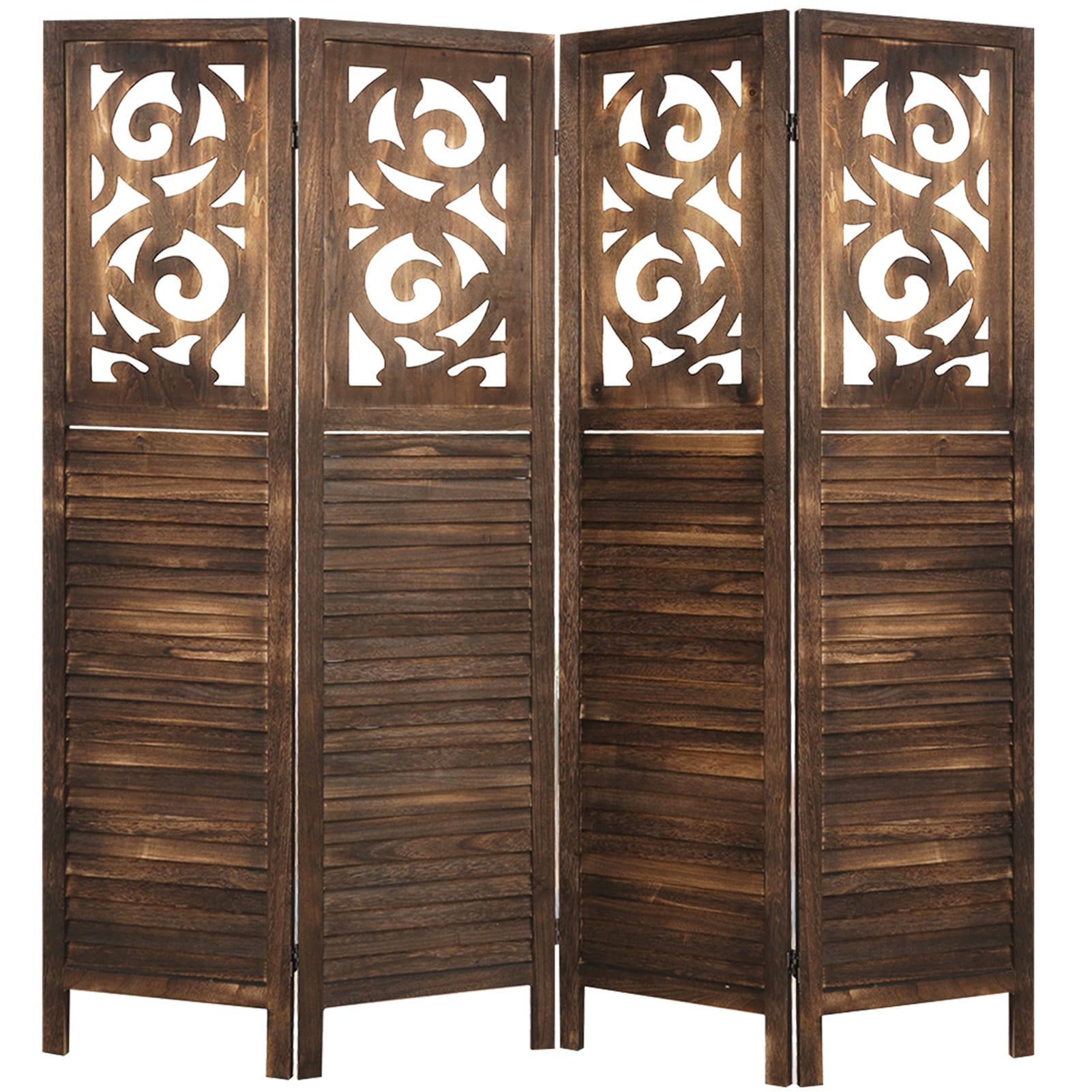 Ecomex 4 Panel Room Divider, Wood Carved + Louver-Design Folding Screen ...