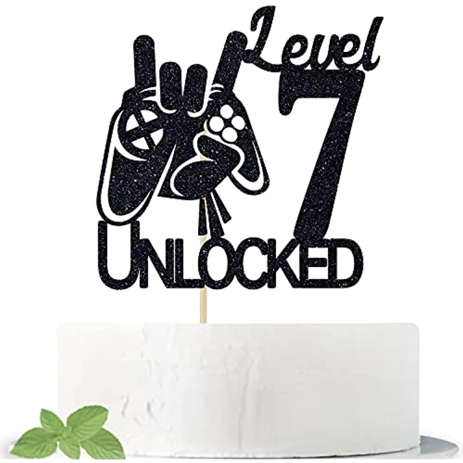 Cos Mos Video Game Level 7 Unlocked Birthday Cake Topper Black Glitter ...