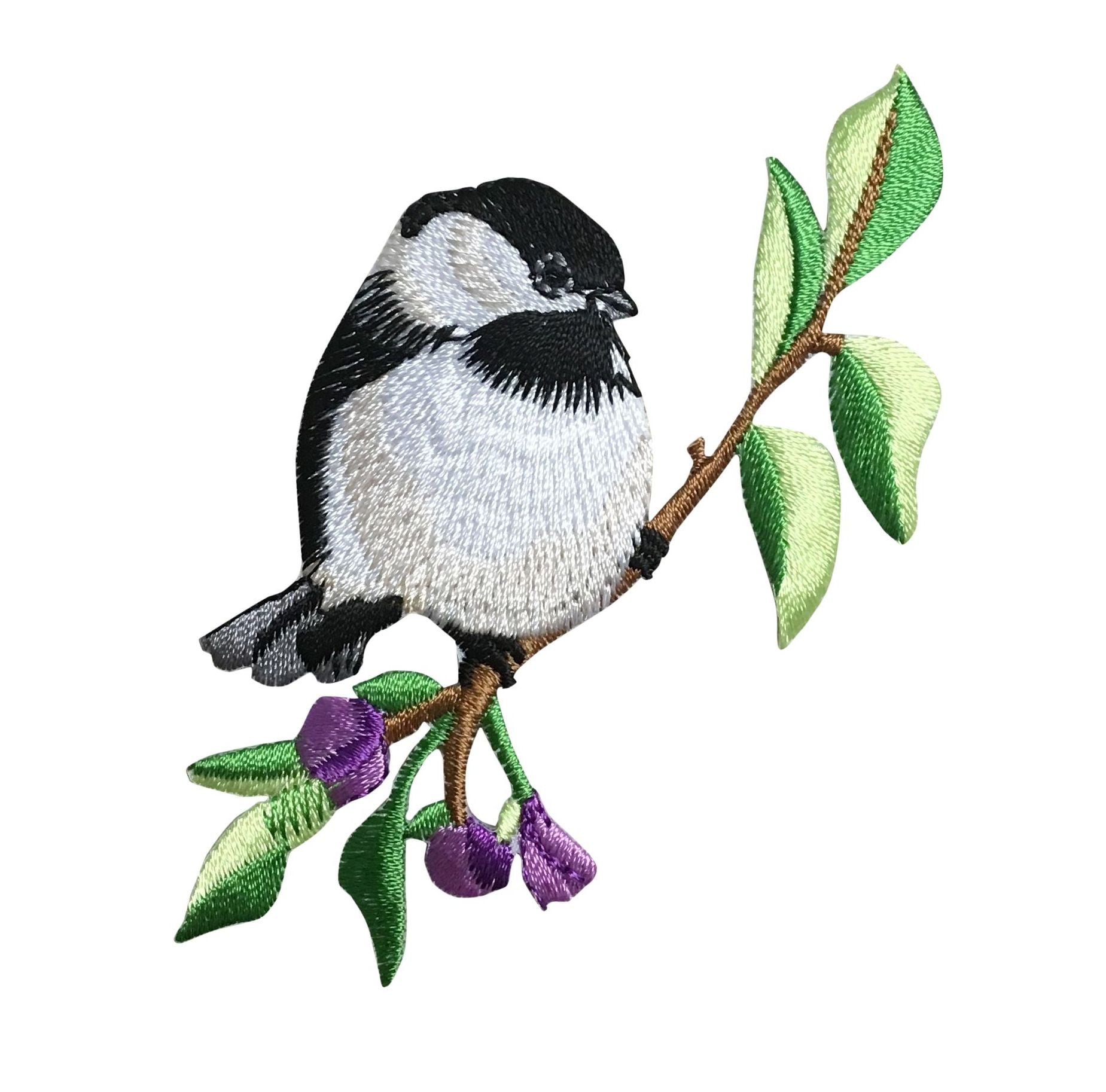 Chickadee on Branch - Facing Right - Purple Flowers/Natural Bird - Iron ...