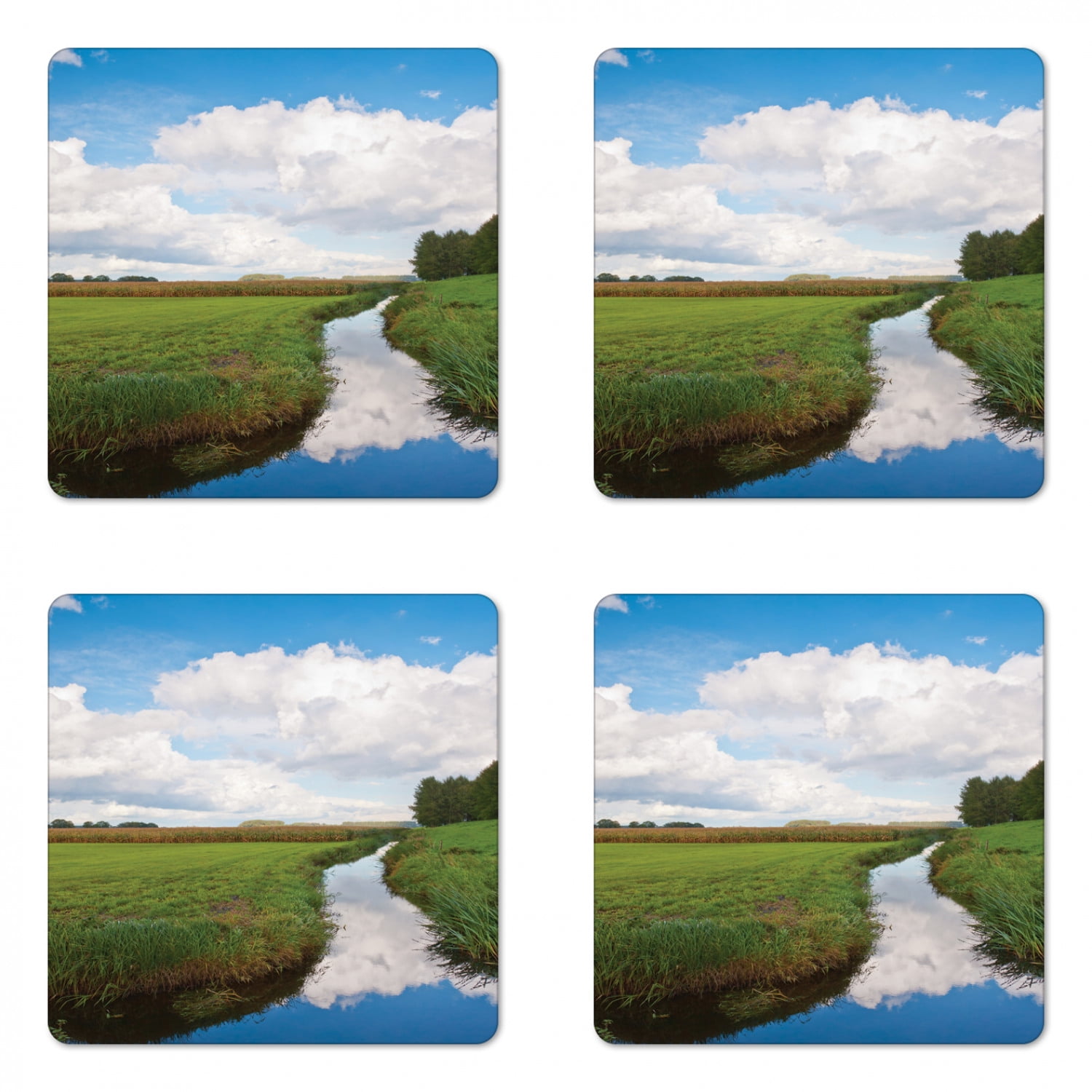 Landscape Coaster Set of 4, Reflective Calm River Scenery Meadow Grass ...