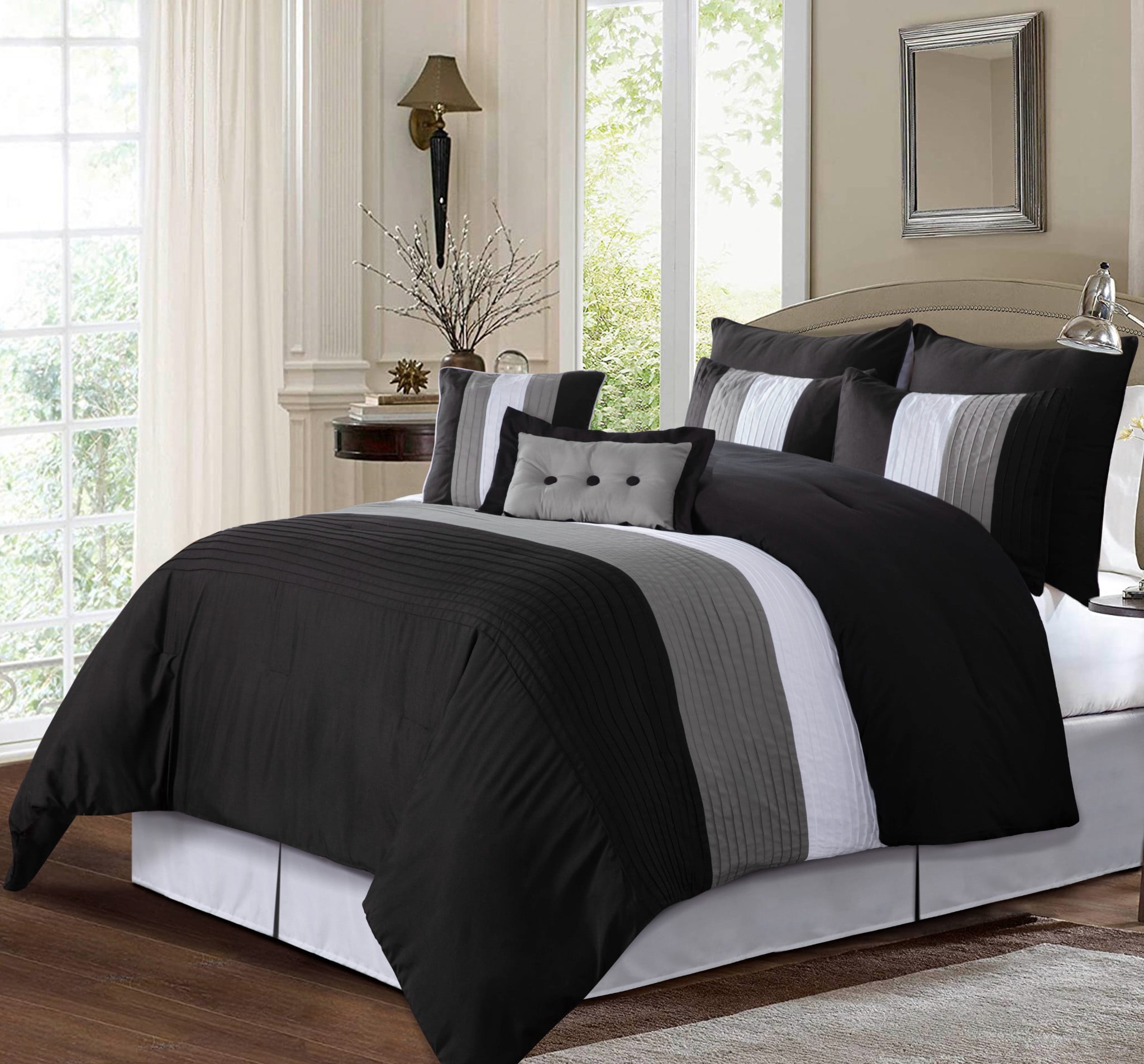 Chezmoi Collection Luxury Pleated Striped Comforter Set, Twin, Black ...