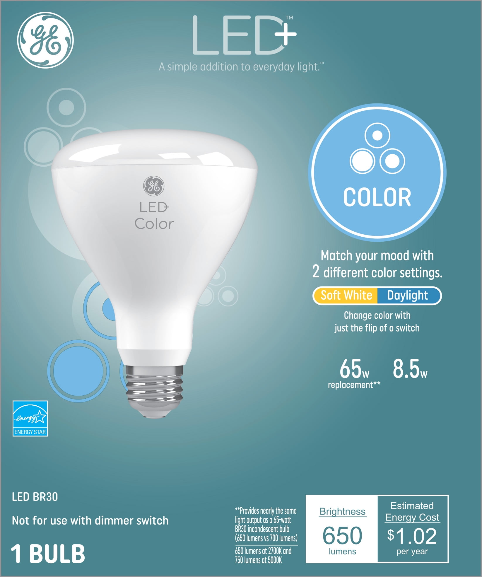 GE LED+ Color Changing LED Light Bulb, Soft White & Daylight Colors ...